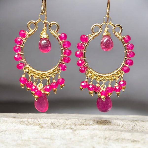 Red Ruby Pink Sapphire Chandelier Hoop Earrings Gold Fill - Handmade ...