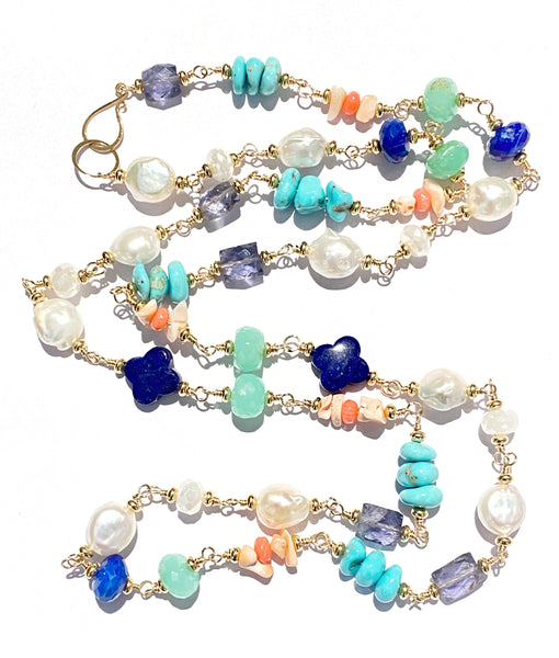 Multi Gemstone Pearl Long Gold Necklace Coral Lapis Chrysoprase– Doolittle