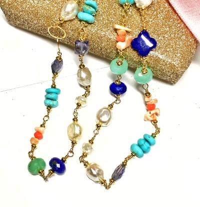 Multi Gemstone Pearl Long Gold Necklace Coral Lapis Chrysoprase– Doolittle
